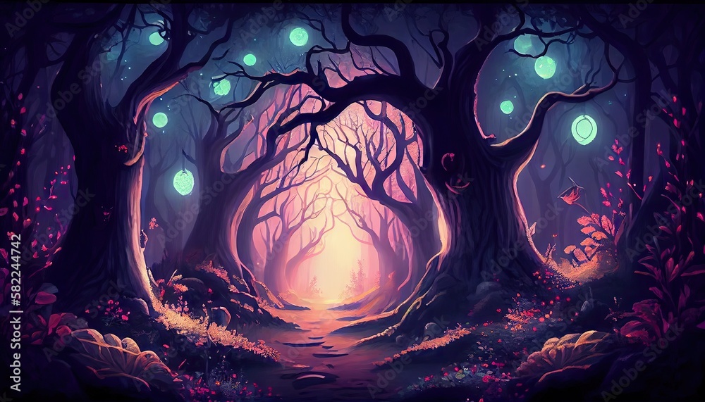 ภาพประกอบสต็อก Fantasy landscape, magical night, fairy tale forest ...