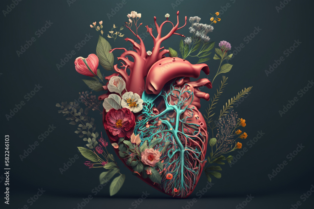 Human heart with flowers, love and emotion concept, good hearted person ...