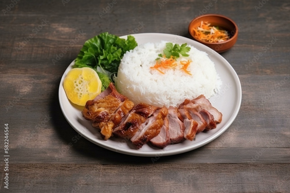 Still life, a plate of Vietnamese com tam with broken rice and grilled ...