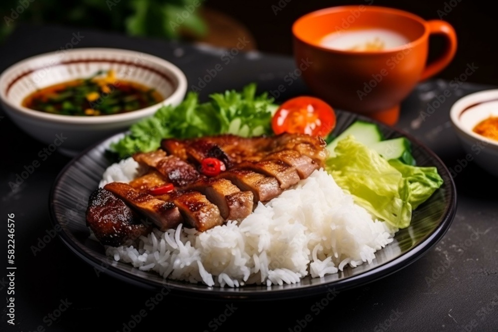 Still life, a plate of Vietnamese com tam with broken rice and grilled ...