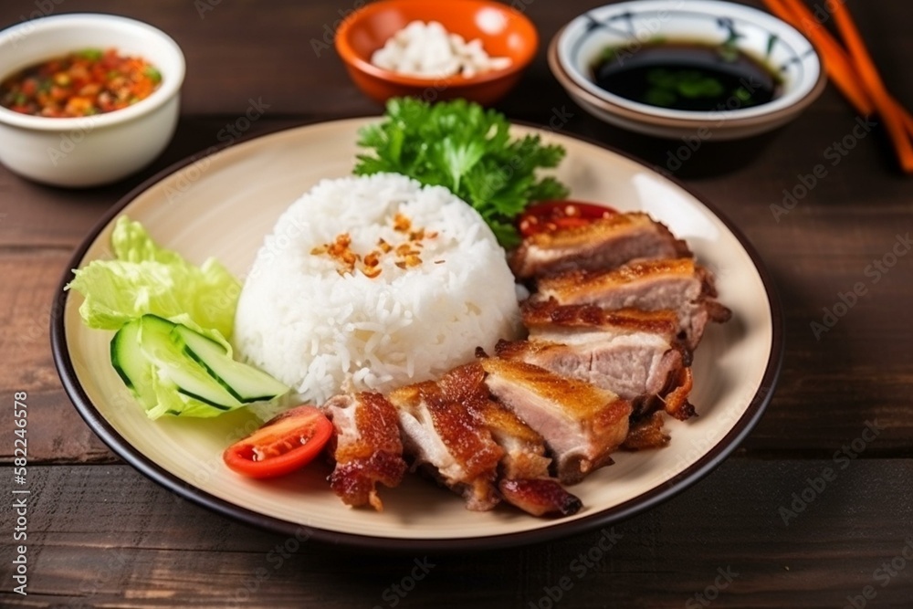 Still life, a plate of Vietnamese com tam with broken rice and grilled ...