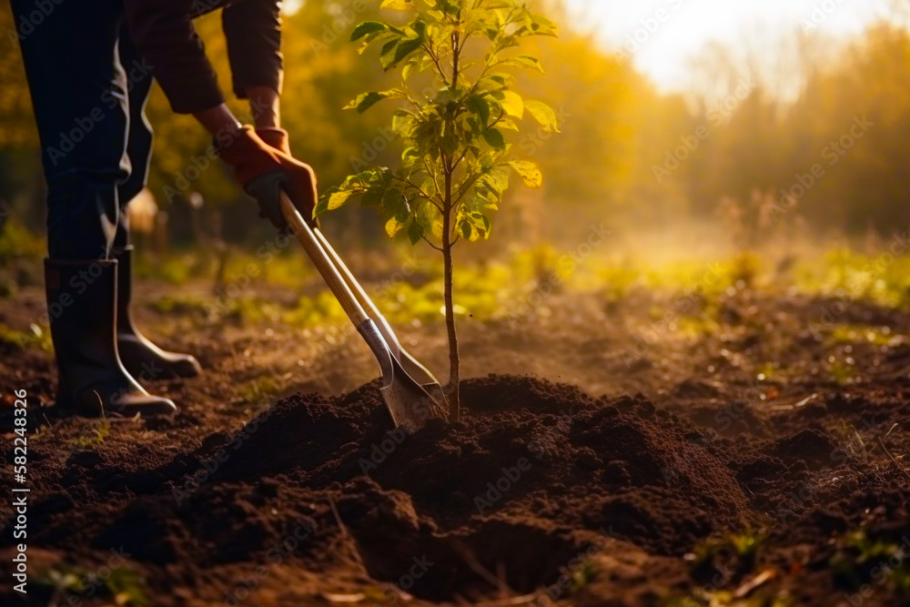 Man planting a young tree. Re forestation. Planting a tree with a ...