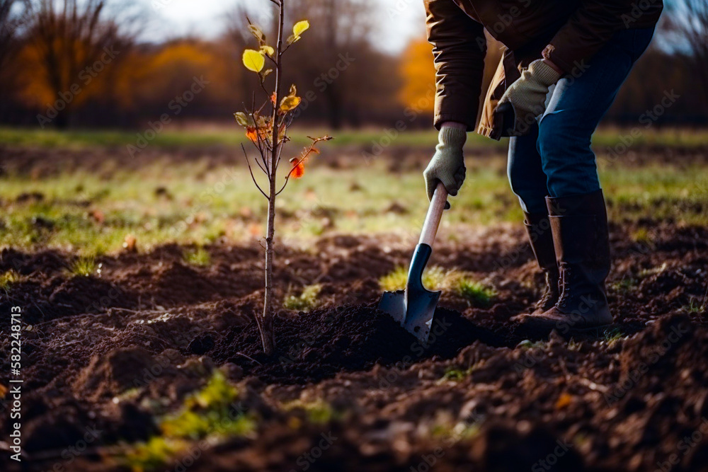 Man planting a young tree. Re forestation. Planting a tree with a ...