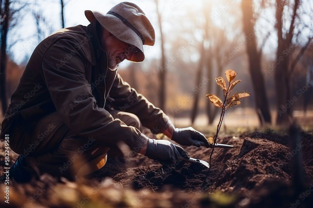 Man planting a young tree. Re forestation. Planting a tree with a ...