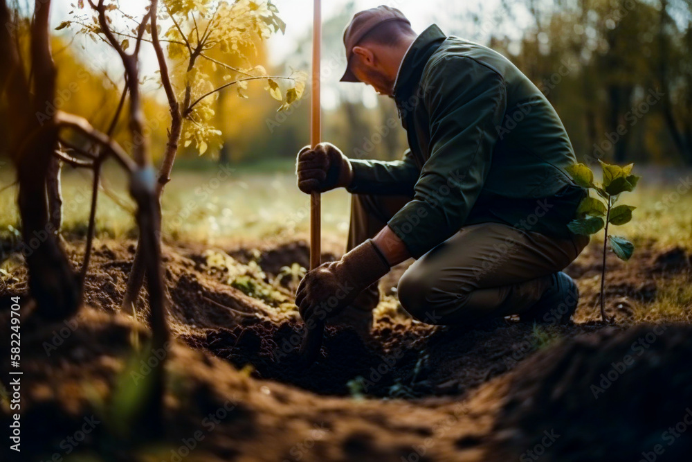 Man planting a young tree. Re forestation. Planting a tree with a ...
