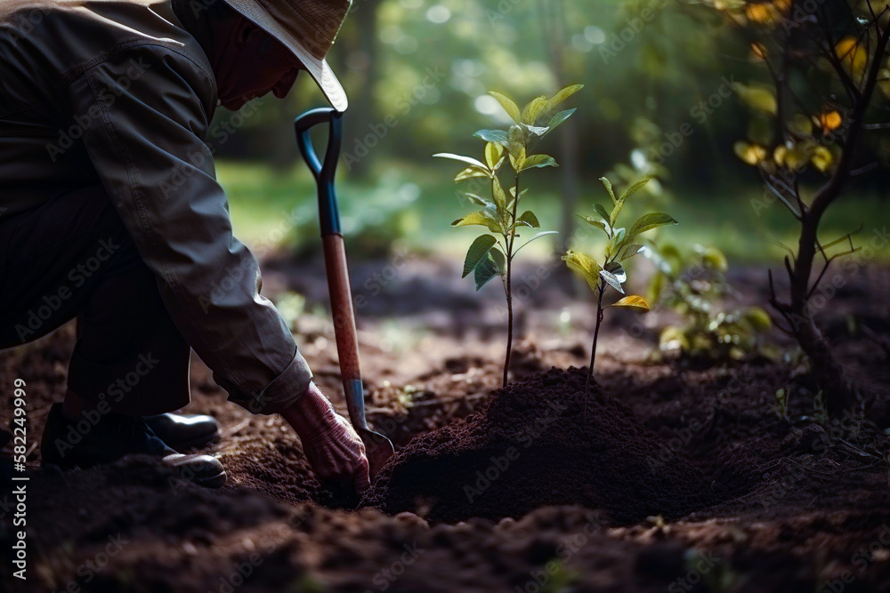 Man planting a young tree. Re forestation. Planting a tree with a ...