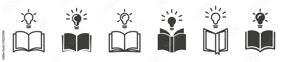 Open books with light bulb. Knowledge concept. Idea icon set. Vector ...