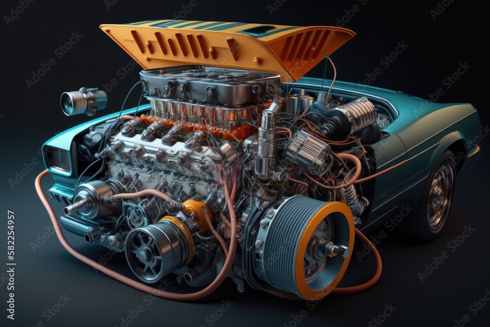 engine compartment of car with modern engine and oil pumps, created ...
