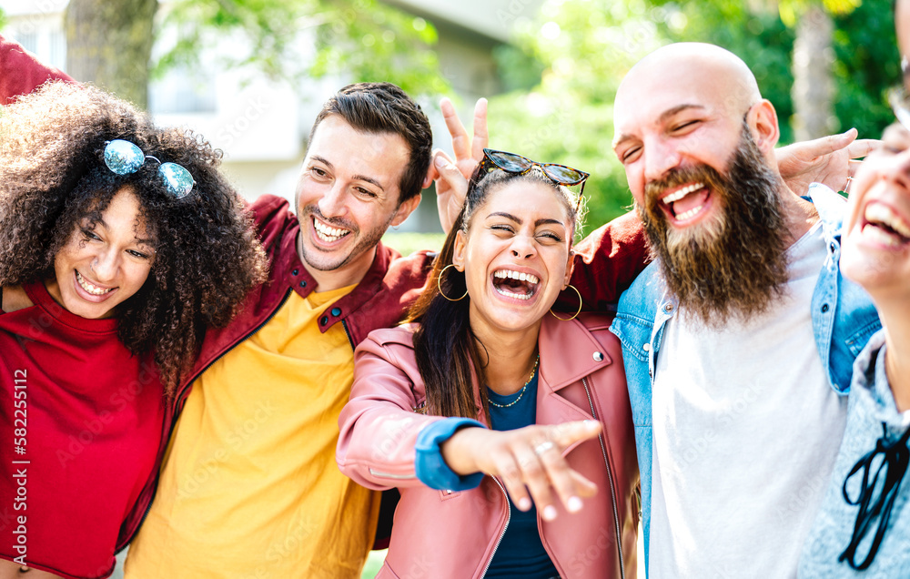 Trendy friends walking together out side on genuine life style concept ...
