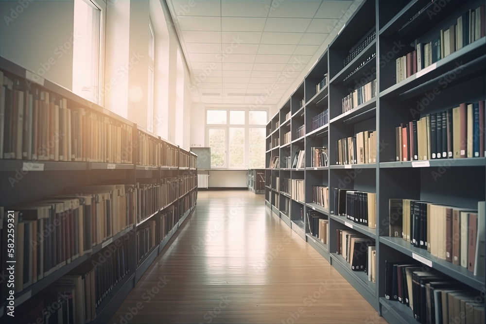Abstract blurred empty college library interior space. Blurry classroom ...