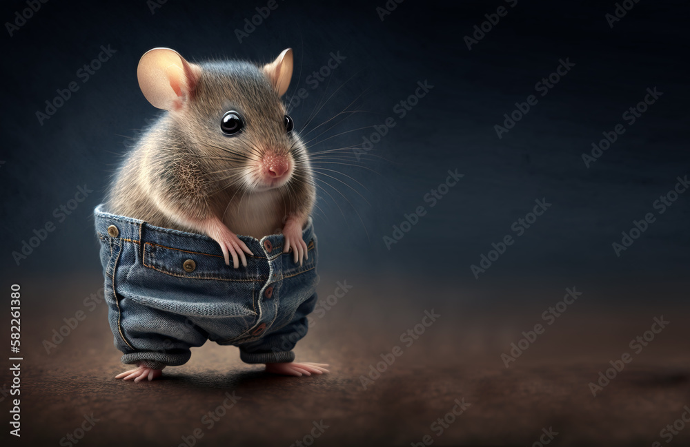 Cute fat mouse trying on new jeans. Image created with generative ai ...