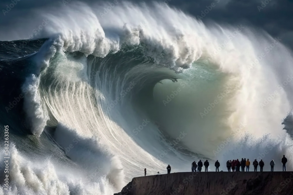 Massive waves crashing against the cliffs of Nazare, Portugal, known ...