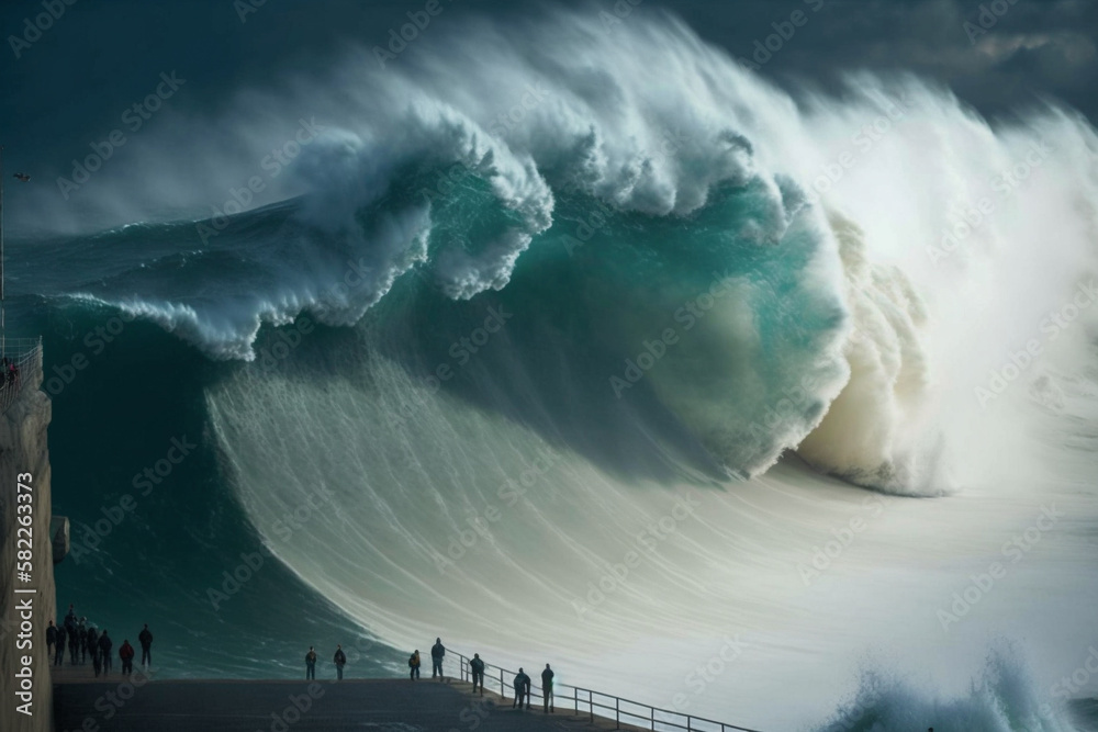 Massive waves crashing against the cliffs of Nazare, Portugal, known ...