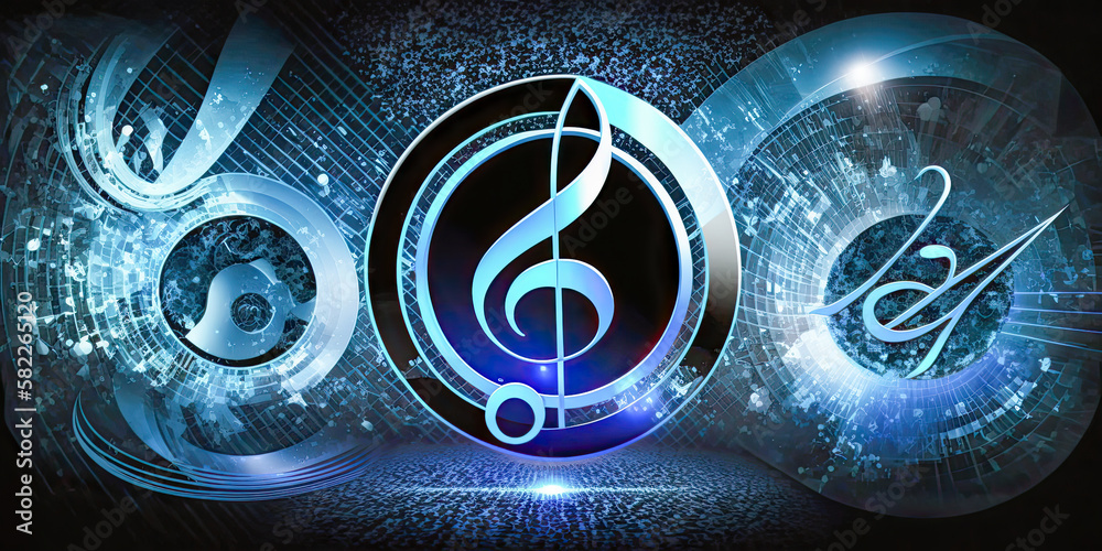 A logo with various blue musical notes on a white background ...