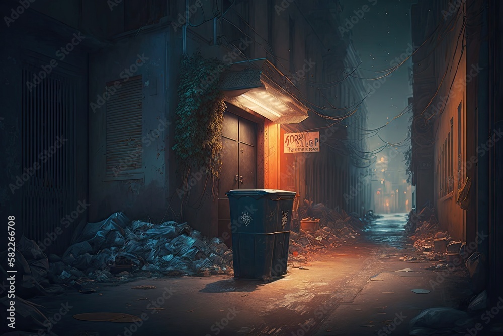 abandoned street in middle of night and pouring trash bin overflowing ...