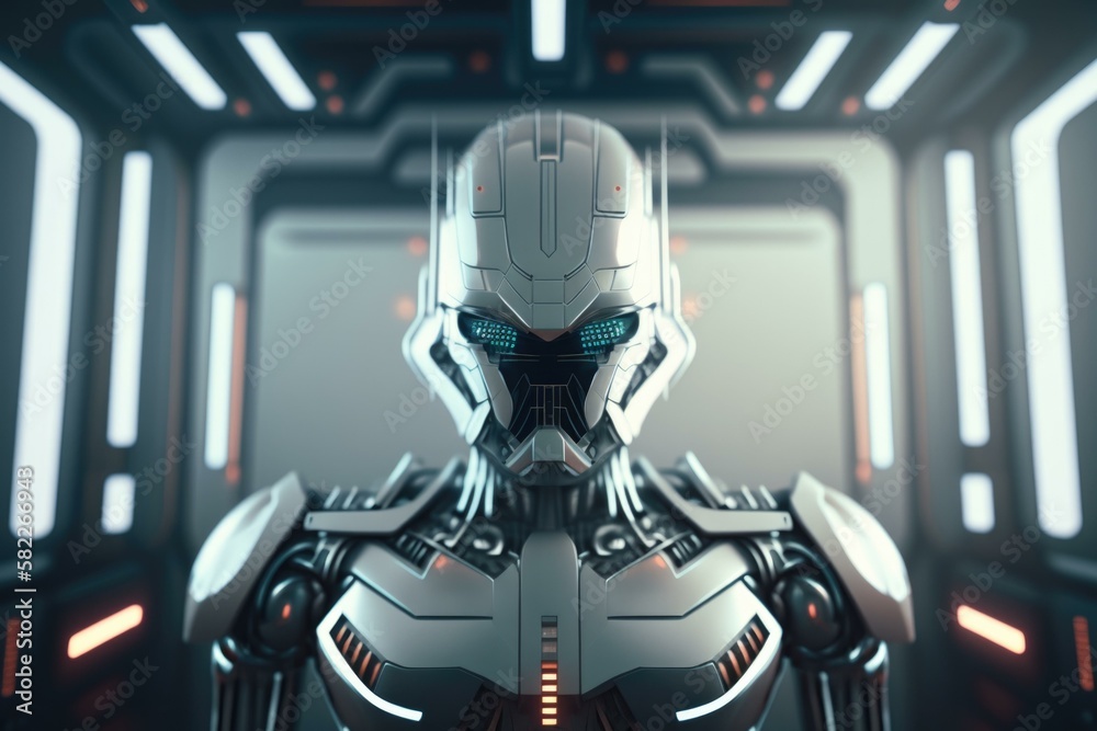 A Futuristic Robot Standing In A Space Station Looking At The Camera ...