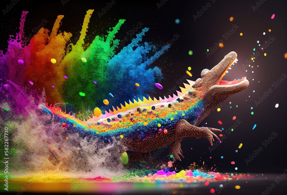 Crocodile Rainbow Color Splash In Cool Style Generative AI Stock ...