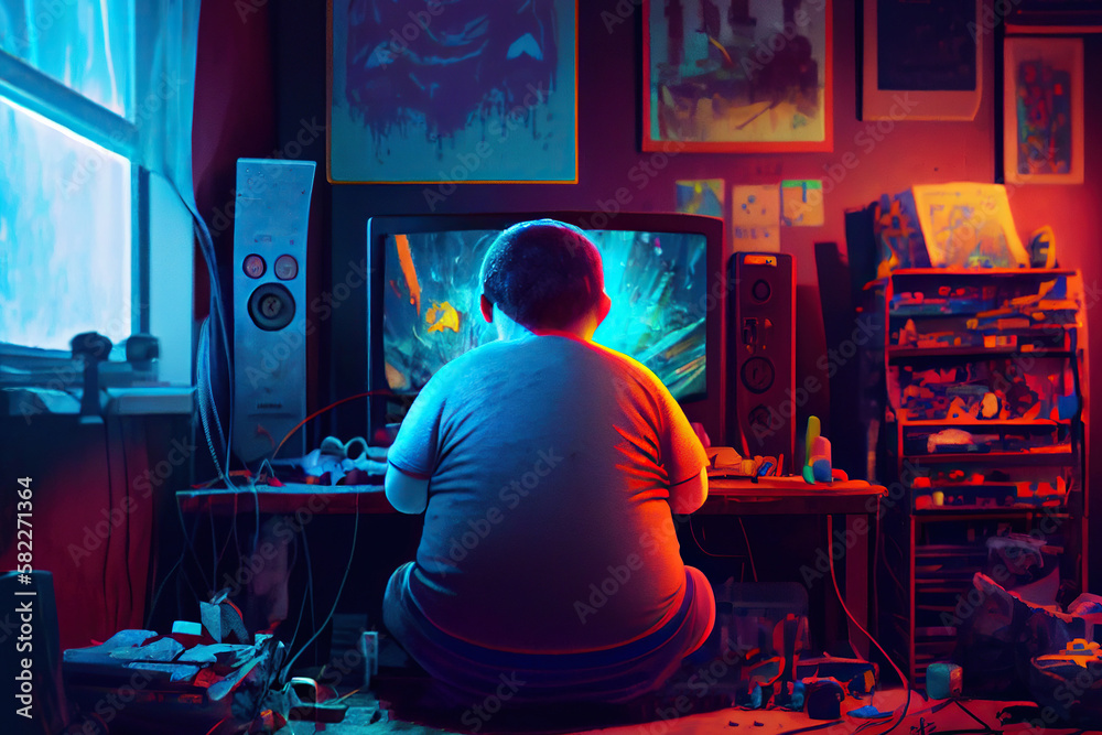Video game addiction. Back view of obese man sitting on floor with ...