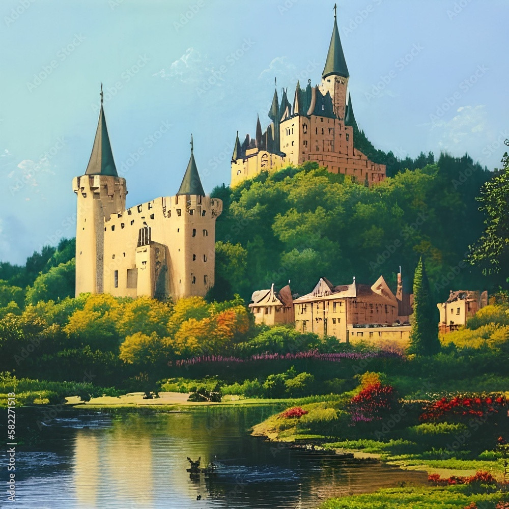 Landscape of a castle on mountain covered with green trees and a lake ...