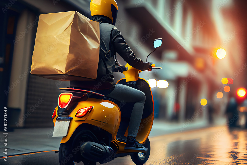 Delivery man on scooter driving on the street of city. Food delivery app. Generative AI Stock ...