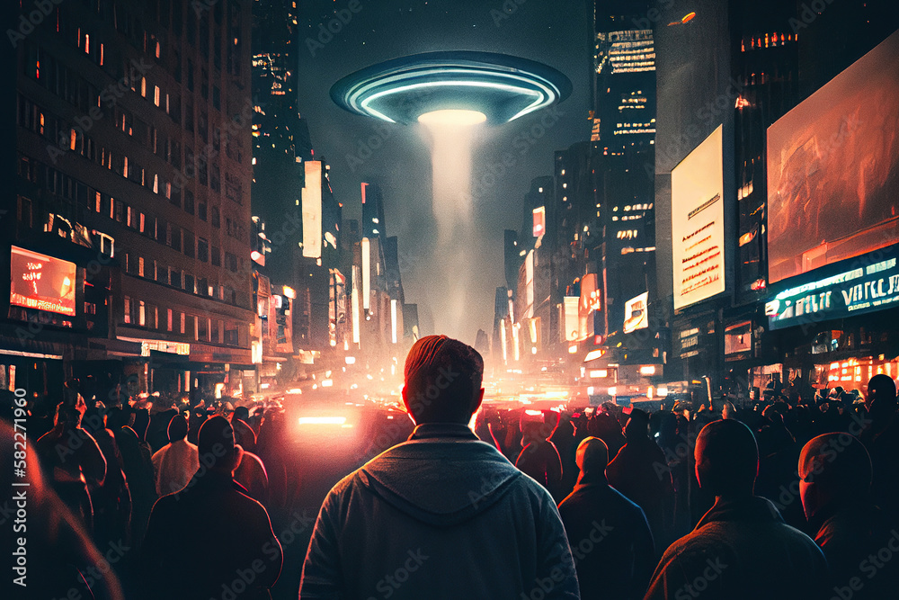 Back view of man looking at alien invasion, UFO flying in the sky above ...