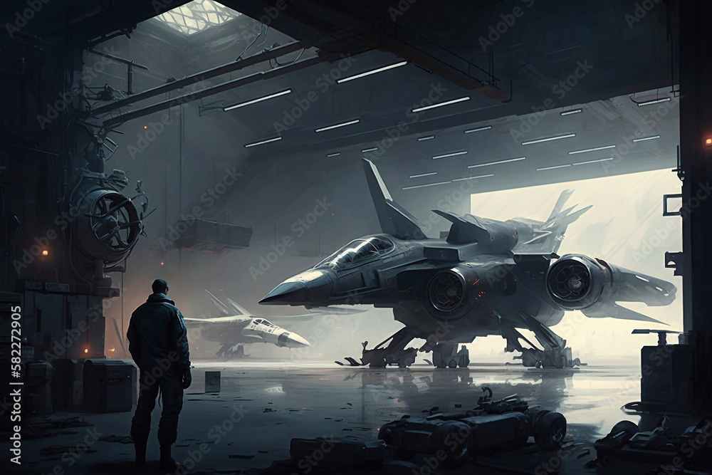 Modern military fighter plane in hangar. Subtle multifunctional fighter ...