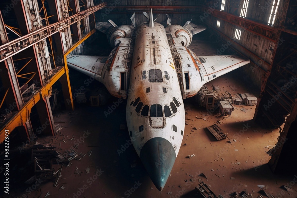 An abandoned sci fi interior features an old scratched metal starship ...