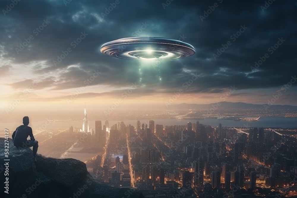 Back view of man looking at alien invasion, UFO flying in the sky above ...