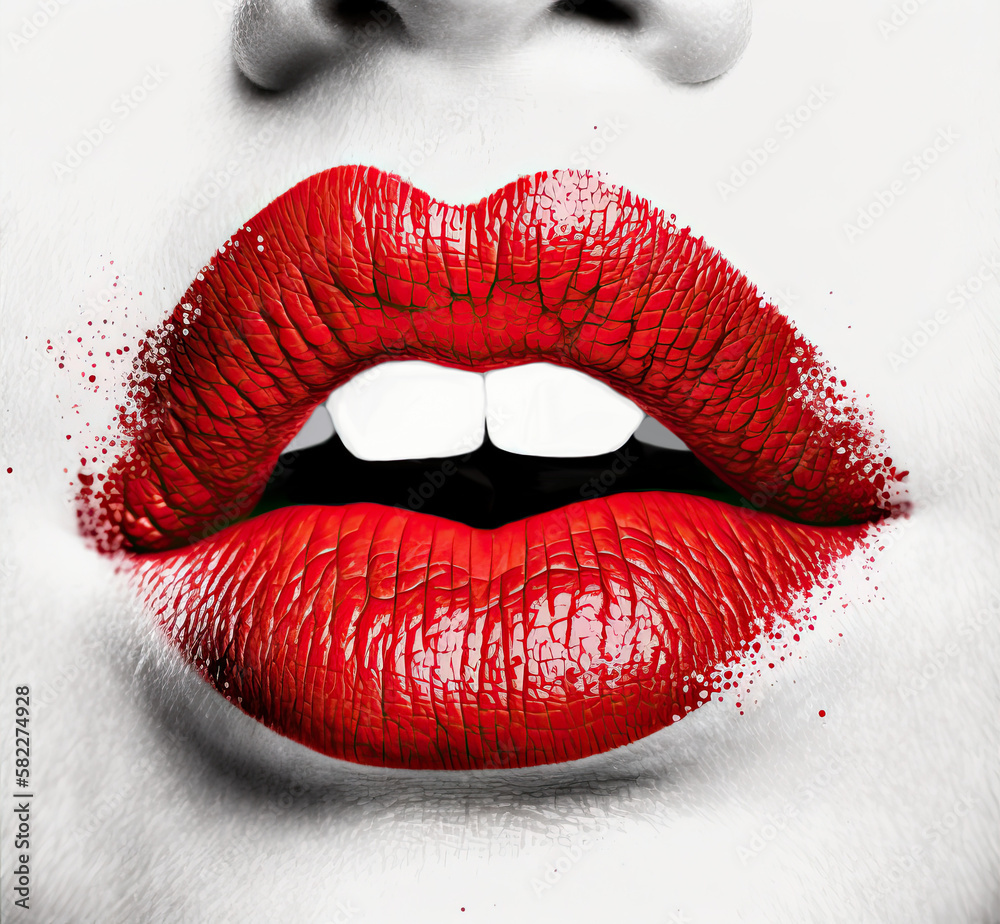Lush and pouty red lips of a woman as a kiss with the bottom of her ...