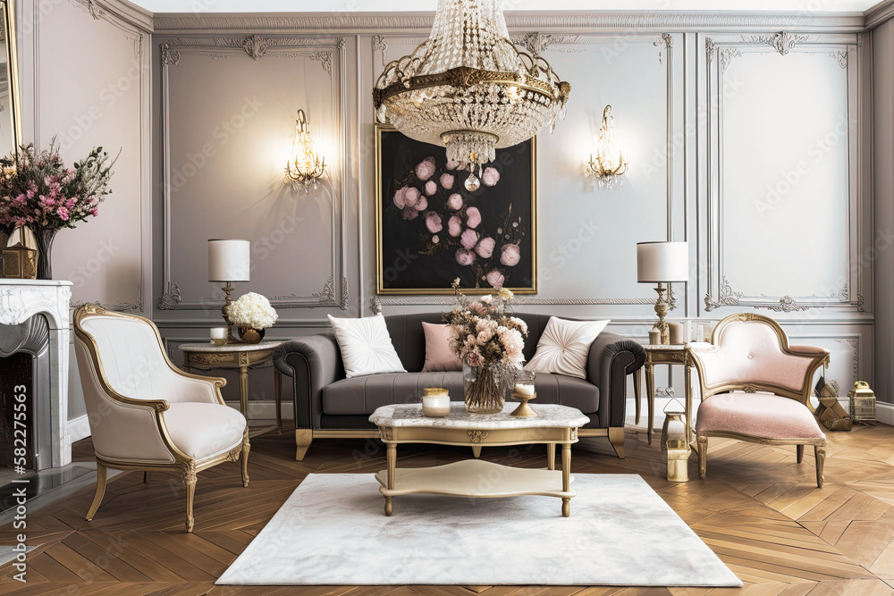 A Parisian chic style room interior design features a harmonious blend ...