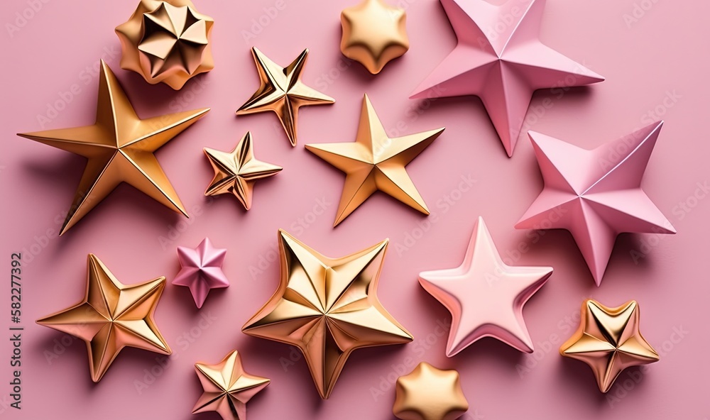 a group of pink and gold stars on a pink background with one pink star ...