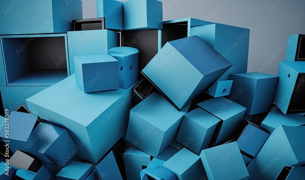 a pile of blue boxes sitting next to each other on top of a floor ...
