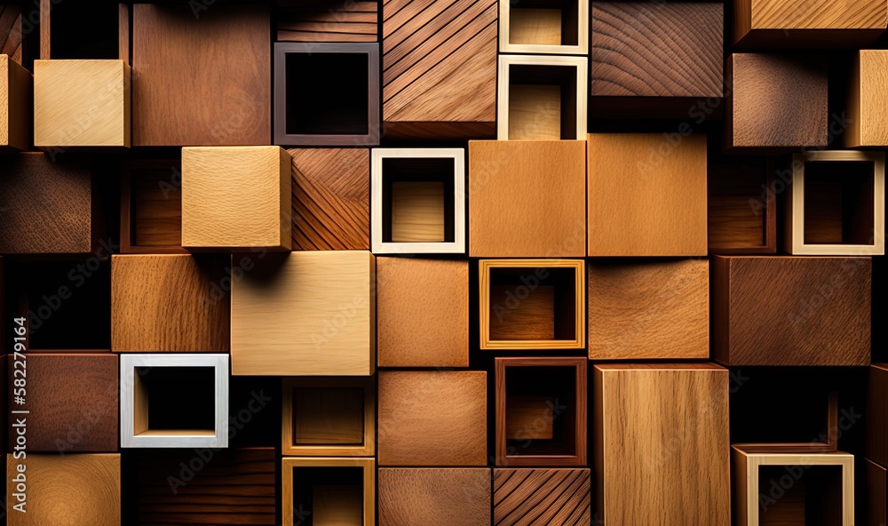 a wall made up of wooden blocks and square windows with a white square ...