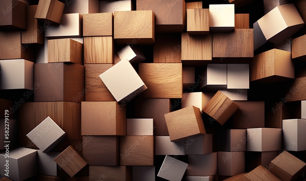 a bunch of wooden cubes that are stacked up in the air with one cube in ...