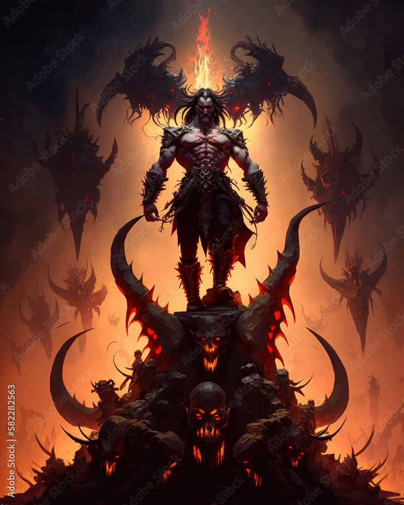 a demonic demon standing on top of a pile of skulls, diablo concept art ...