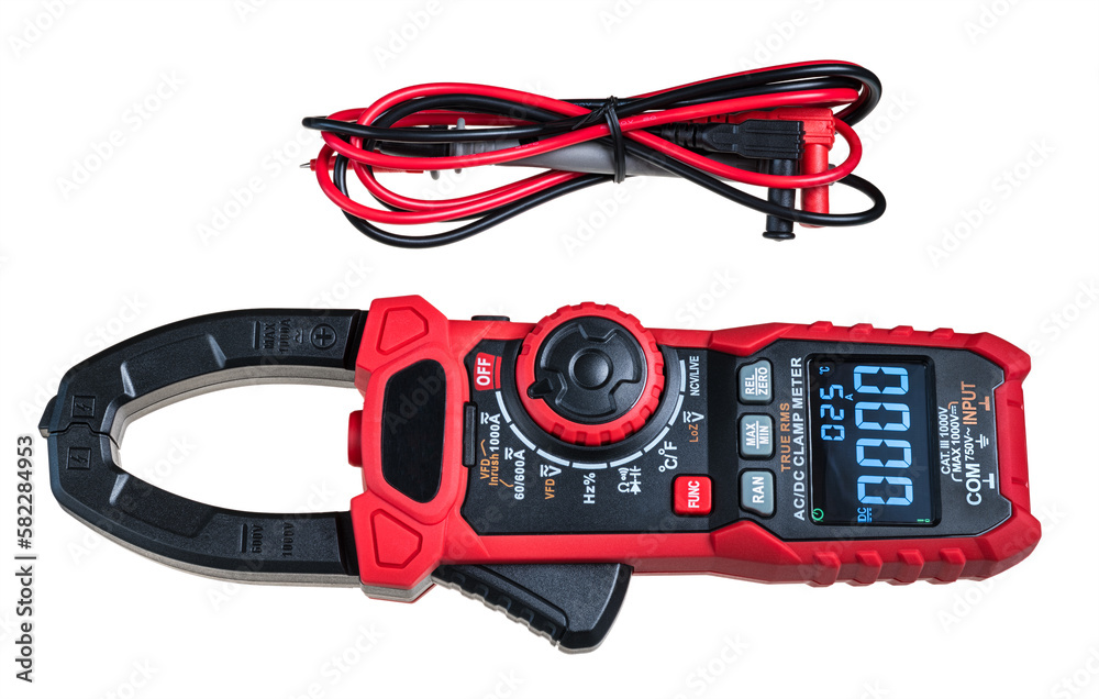 Electrical digital multimeter and test leads isolated on white ...
