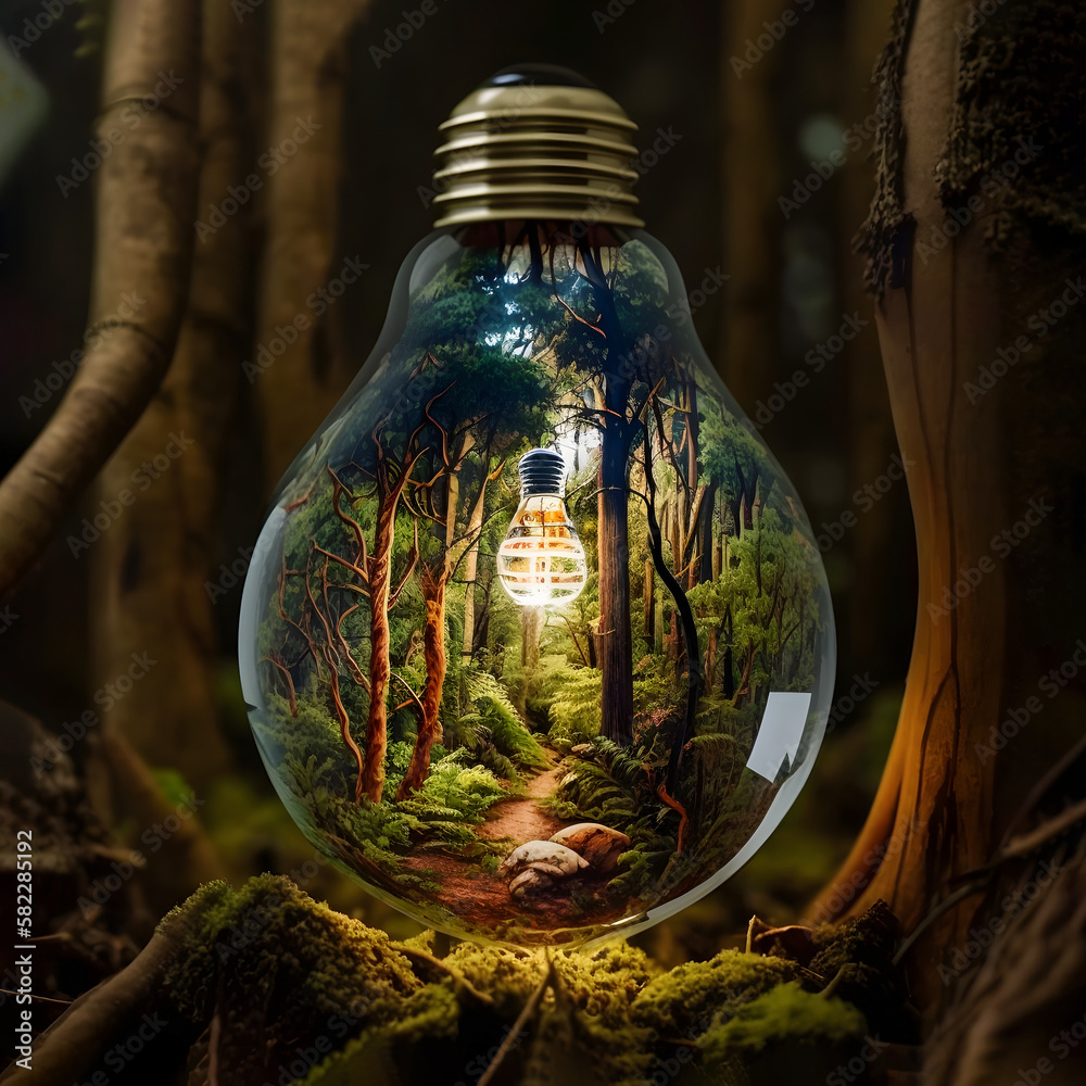 Inside the light bulb is a forest. Light inside. light shows the way ...