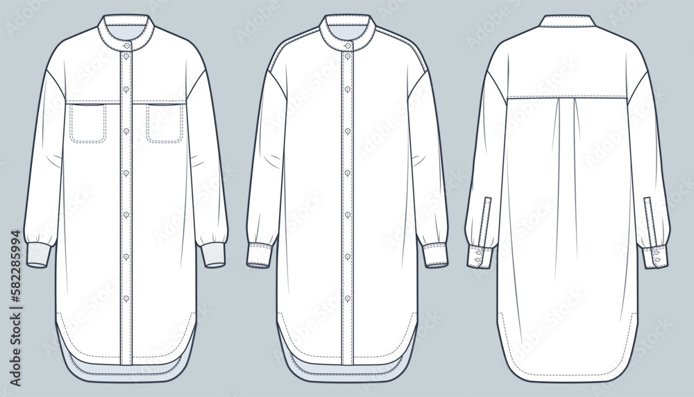 Band Collar Shirt Dress technical fashion Illustration. Button-up Dress ...