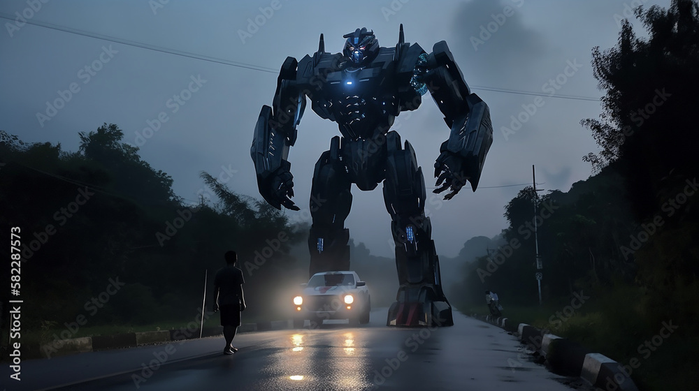 giant mecha on the street side of human silhouette, Generative AI Stock ...
