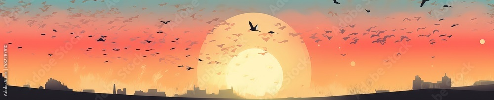Wide Sky Horizon Ilustration Design, with flying birds, for banners ...
