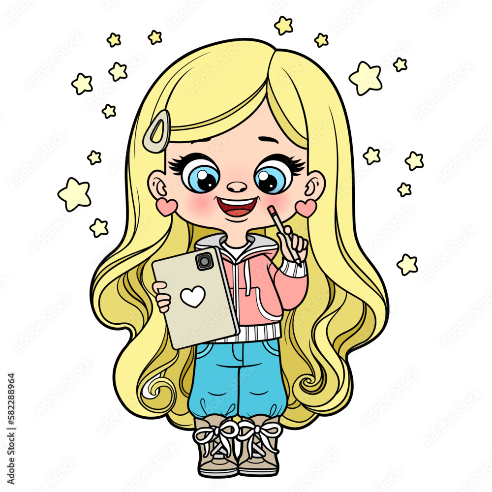 Cute cartoon long haired girl with electronic tablet and pencil color ...