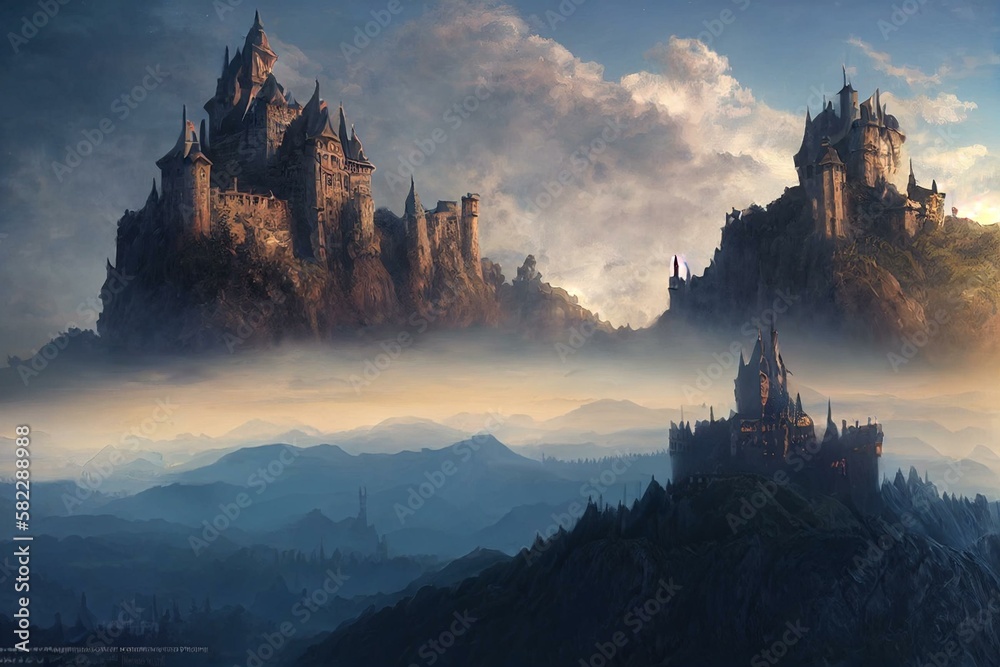 Fantasy illustration of a castle in the sky that was built on a giant ...