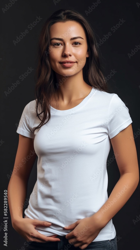 The girl model wears a white t-shirt that serves as a template for a ...