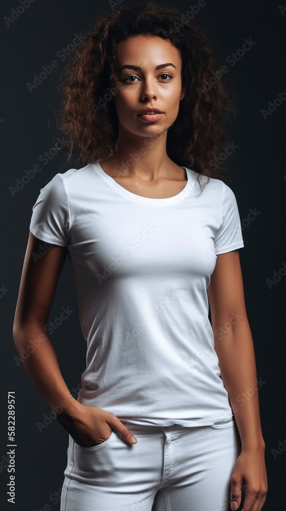 The girl model wears a white t-shirt that serves as a template for a ...