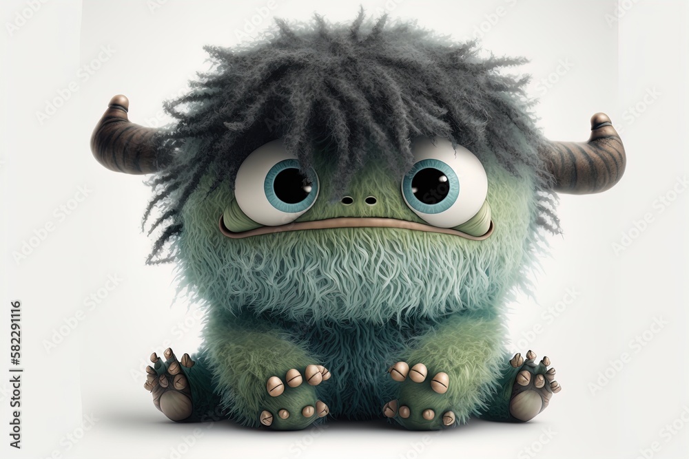 Cute baby monster with horns with big eyes sitting on isolated white ...