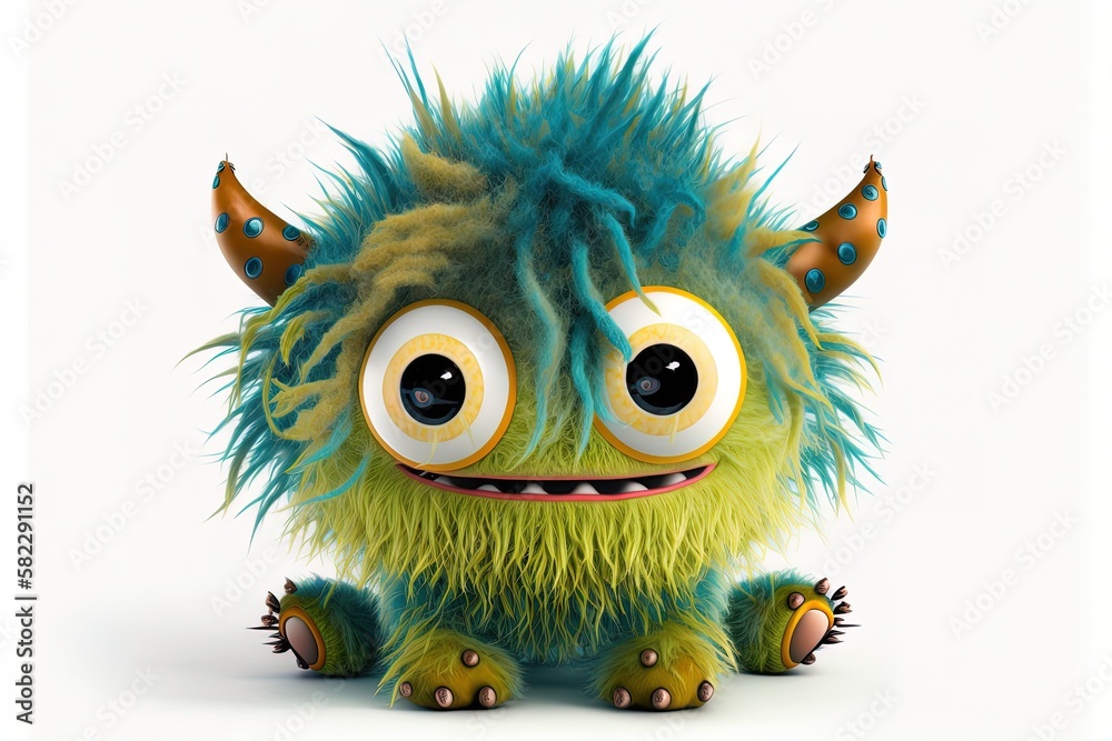 Cute baby monster with horns with big eyes sitting on isolated white ...