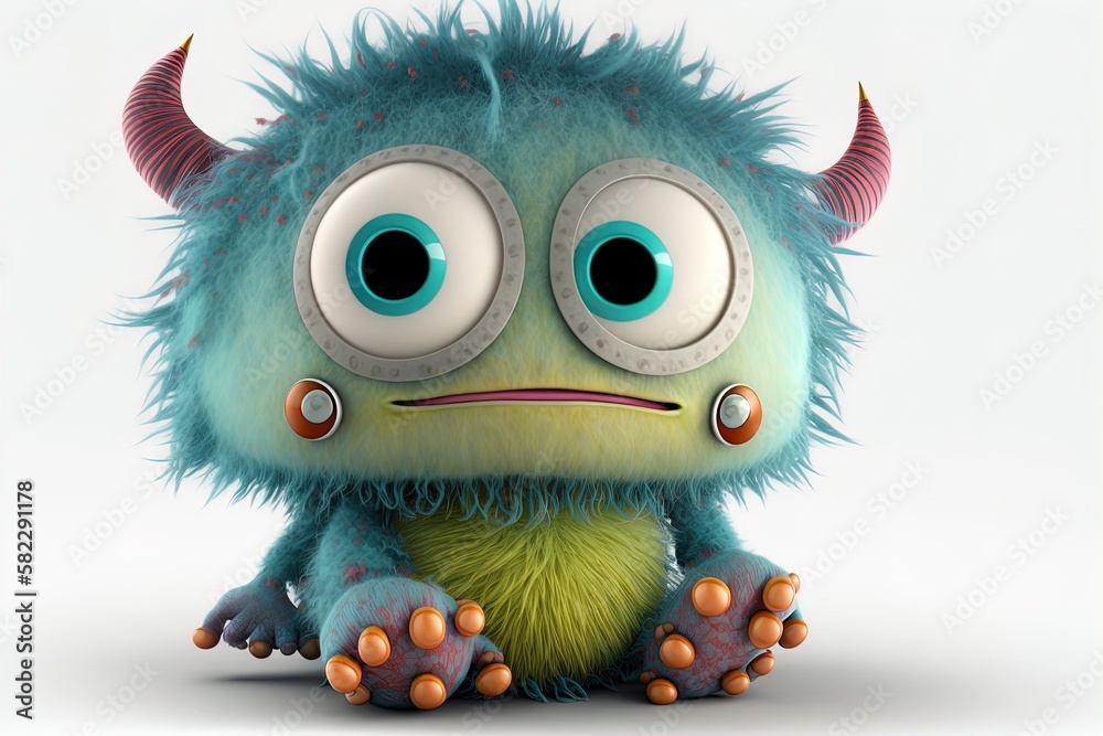 Cute baby monster with horns with big eyes sitting on isolated white ...