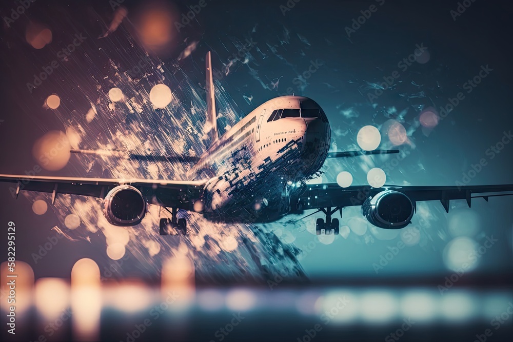 double exposure of small passenger plane flights on blurred background ...