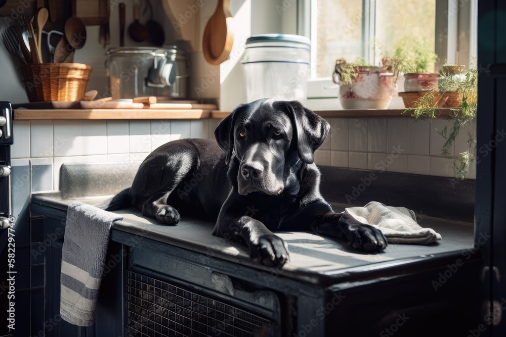 Dog in a French kitchen with a black Labrador retriever sleeping on its ...