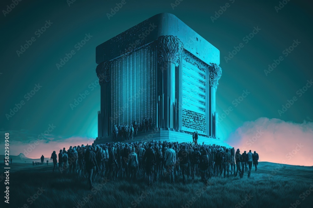 Crowd of people gather around a giant supercomputer standing on the ...